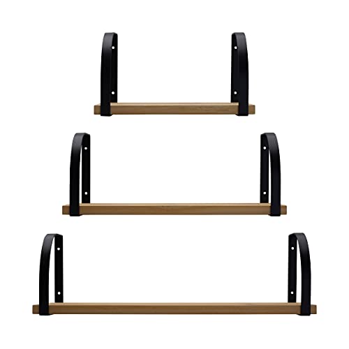 MELANNCO Floating Wall, Wood and Curve Metal Shelves, for Bedroom, Living Room, Kitchen, Nursery, Set of 3, Natural