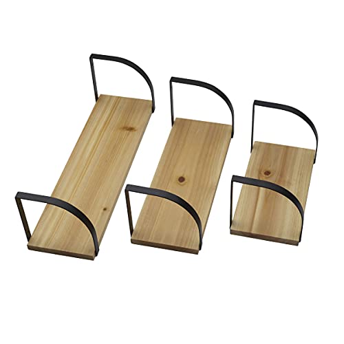 MELANNCO Floating Wall, Wood and Curve Metal Shelves, for Bedroom, Living Room, Kitchen, Nursery, Set of 3, Natural