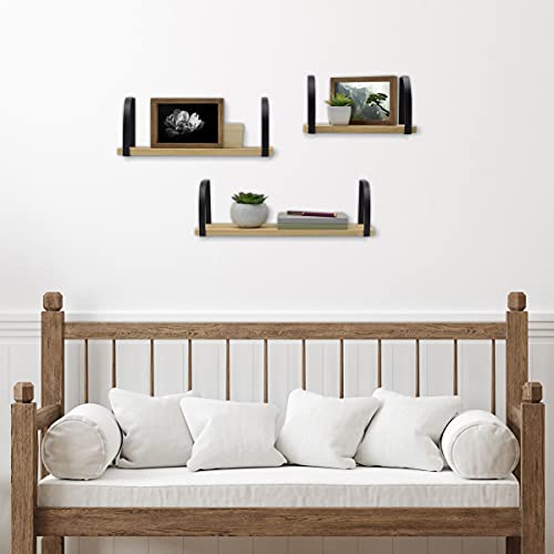 MELANNCO Floating Wall, Wood and Curve Metal Shelves, for Bedroom, Living Room, Kitchen, Nursery, Set of 3, Natural