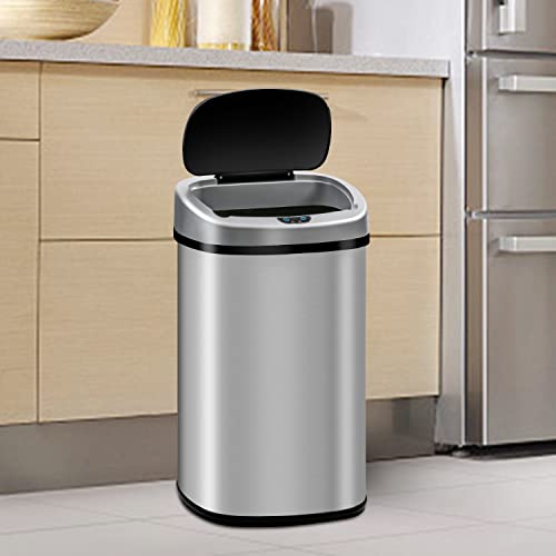 FFBag Kitchen Trash Can with Lid, 13 Gallon/50 Liter Automatic Sensor Touch Free Garbage Can Durable Touchless Stainless Steel Brushed Waste Bin for Bathroom Bedroom Home Office, Silver