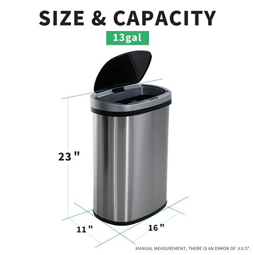 FFBag Kitchen Trash Can with Lid, 13 Gallon/50 Liter Automatic Sensor Touch Free Garbage Can Durable Touchless Stainless Steel Brushed Waste Bin for Bathroom Bedroom Home Office, Silver