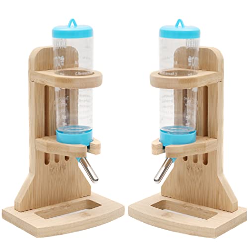 (2-Pack) 4oz Small Pet Water Bottle with Bamboo Stand (Blue) - Adjustable Height Free-Standing Water Bottle Holder for Gerbils, Hamsters, and Rats - Stand Made from All-Natural Nail-Free Bamboo