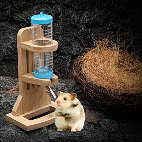 (2-Pack) 4oz Small Pet Water Bottle with Bamboo Stand (Blue) - Adjustable Height Free-Standing Water Bottle Holder for Gerbils, Hamsters, and Rats - Stand Made from All-Natural Nail-Free Bamboo