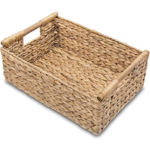 Large Water Hyacinth And Seagrass Basket Storage Wicker Basket Rectangular with Wooden Handles for Shelves