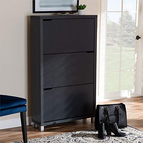 BOWERY HILL Contemporary Wood 3 Pull-Out Shelf Shoe Cabinet in Dark Gray