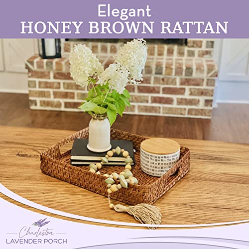 CHARLESTON LAVENDER PORCH Rattan Serving Tray Hand-Woven Rectangle with Handles | Naturally Beautiful Display for Breakfast, Snacks, Tea, Coffee Table or Ottoman | Genuine High Wall Wicker Basket