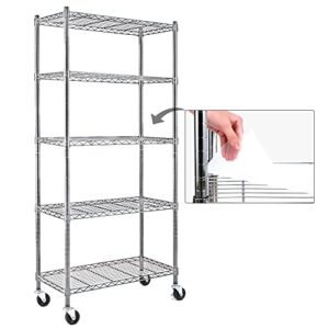 ezpeaks chrome 5-shelf shelving unit on 3'' wheels with shelf liners set of 5, nsf certified, adjustable heavy duty steel wire shelving rack (30w x 14d x 63.7h) pole diameter 1 inch