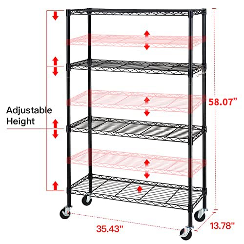 SINGAYE 4 Tier Adjustable Shelf,Heavy Duty Shelving Unit 1400Lbs Capacity with Wheels 350lbs Per Shelf Garage Shelf 36" Wx14 Dx57 H,Black