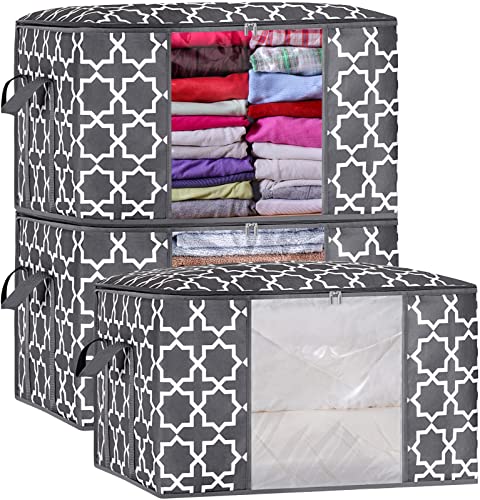 GhvyenntteS Clothes Storage Bag 3 Pack Large Capacity Organizer with Reinforced Handle Thick Fabric for Blankets, Sweater , Foldable Comforter Storage Bags with Sturdy Zipper & Clear Window, 100L, Grey