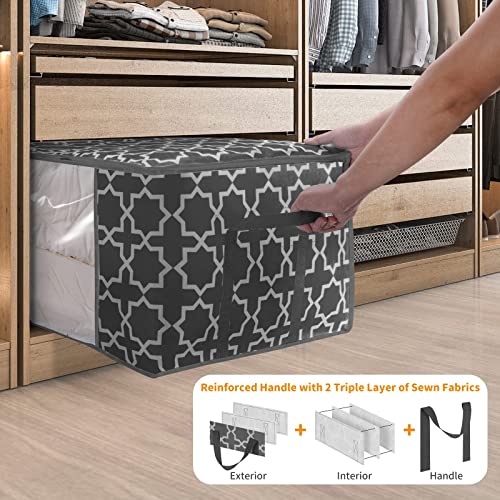 GhvyenntteS Clothes Storage Bag 3 Pack Large Capacity Organizer with Reinforced Handle Thick Fabric for Blankets, Sweater , Foldable Comforter Storage Bags with Sturdy Zipper & Clear Window, 100L, Grey