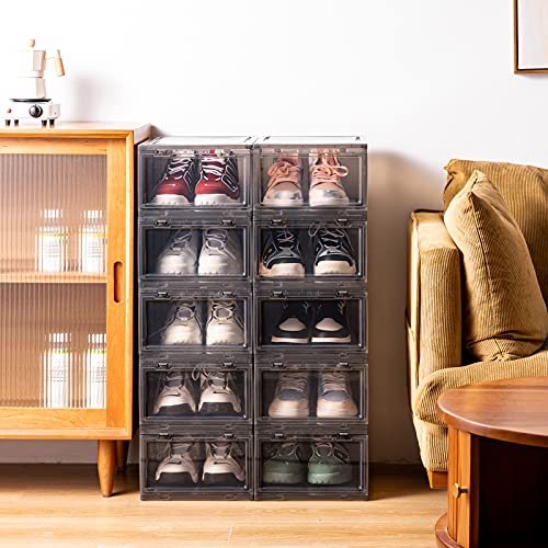 NA Shoe Boxes Clear Plastic - Stackable Sneaker Shoe Container Drop-front Shoe Display Case for Closets, Entryway Shoe Rack, Clothing Rack, Bed, Easy Assembly (3PCS)