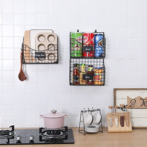 Over the Cabinet Door Organizer 3 Pack, Wall Mount Storage Basket with Name Plate for Cutting Board Foils Cookie Sheet, Grid Storage Bin Basket Holder Rack with 5 S Hooks for Kitchen Pantry Bathroom