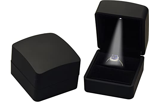 LED Black Ring Box for Proposal, Wedding, Engagement, Birthday, Valentine' Day, Mother's Day, Father's Day, Christmas...Luxury Arc Shaped Top Design LED Ring Jewelry Gift Box with Light for Men for Women for Girls Box Dimension 2.28〞(W)*2.48〞(D)*1.65〞(