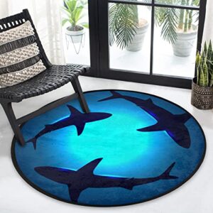 Shark Round Area Rugs Non Slip Absorbent Round Doormat Ocean Animal Shark Soft Machine Washable Floor Mat Carpet Yoga Rug for Entryway Bedroom Living Room Home Decor