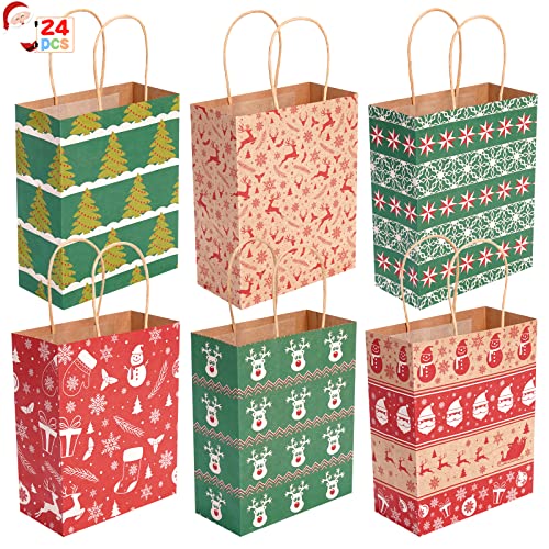 NEWBEA 24Pcs Christmas Gift Bags with Handle Holiday Gift Bags 9x7.2x3.5 inch Xmas Kraft Gift Bags 6 Patterns Design for Christmas Holiday Party