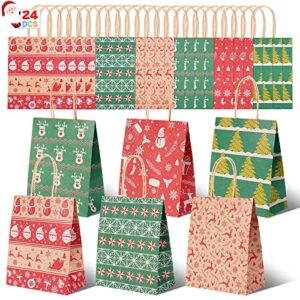 NEWBEA 24Pcs Christmas Gift Bags with Handle Holiday Gift Bags 9x7.2x3.5 inch Xmas Kraft Gift Bags 6 Patterns Design for Christmas Holiday Party