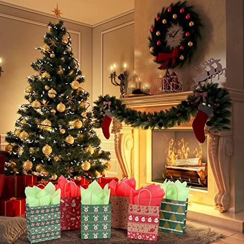 NEWBEA 24Pcs Christmas Gift Bags with Handle Holiday Gift Bags 9x7.2x3.5 inch Xmas Kraft Gift Bags 6 Patterns Design for Christmas Holiday Party