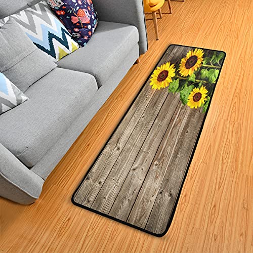 Farmhouse Theme Sunflowers Laundry Room Runner Rug Wooden Board Background Mat Washable Non-Slip Soft Floor Carpet Extra Long Hallway Doormat 72" X 24"