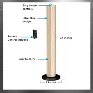 Rowenta Urban Cool Silent Tower Fan with 3 speeds, oscillation, remote control, timer, 3 Speeds, Black + Wood Effect