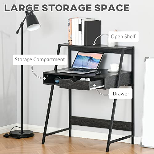 HOMCOM Home Office Desk, Computer Desk for Small Spaces, Writing Table with Drawer and Storage Shelves, Grey