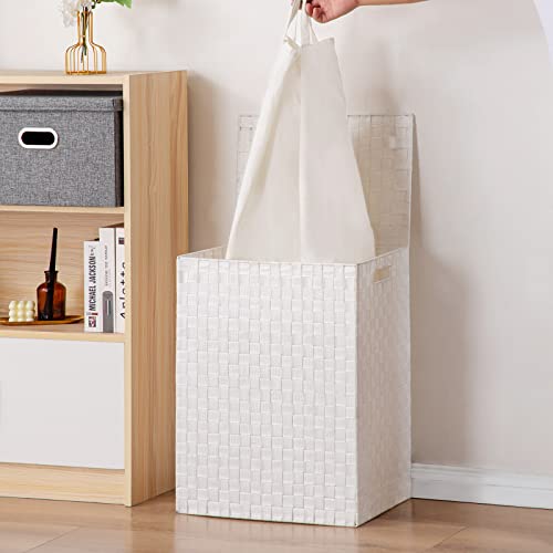 Fiona's magic Laundry Hamper Basket with Lid, Handwoven 90L Large Clothes Hamper with Removable Liner Bags, Collapsible White Tall Hamper for Bathroom, Bedroom and Dorm Room Organizer