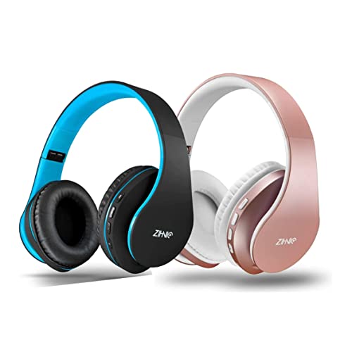 ZIHNIC 2 Items,1 Black Blue Over-Ear Wireless Headset Bundle with 1 Rose Gold Foldable Wireless Headset