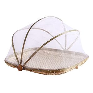 food bamboo food serving tent basket hand-woven basket serving dustproof picnic basket vegetable fruits bread food home square food storage basket with mesh gauze cover container