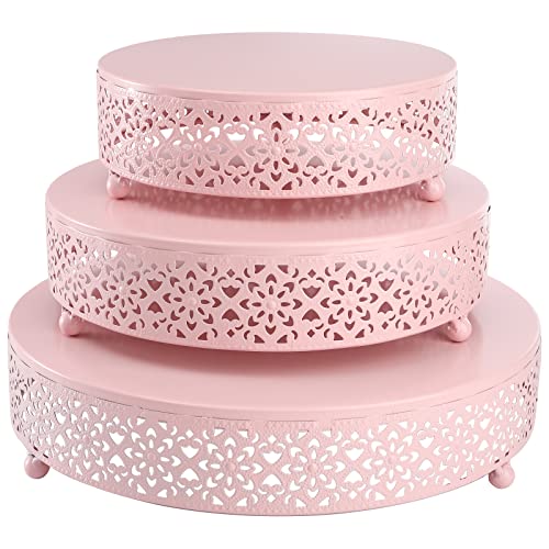 Hedume 3-Piece Metal Cake Stand Set, Pink Round Cake Stand, Dessert Cupcake Pastry Candy Display Plate for Wedding, Birthday Party, Event