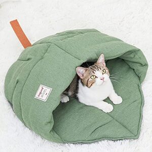 tangn cat sleeping bag , linen fabric bed cave leaf nest pet cuddle zone covered hide hood burrowing cozy soft durable washable with non-slip bottom for indoor puppy and kitten (green), pd50082