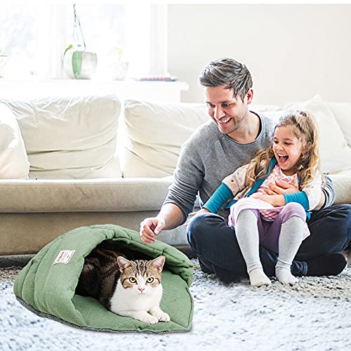 TANGN Cat Sleeping Bag , Linen Fabric Bed Cave Leaf Nest Pet Cuddle Zone Covered Hide Hood Burrowing Cozy Soft Durable Washable with Non-Slip Bottom for Indoor Puppy and Kitten (Green), PD50082