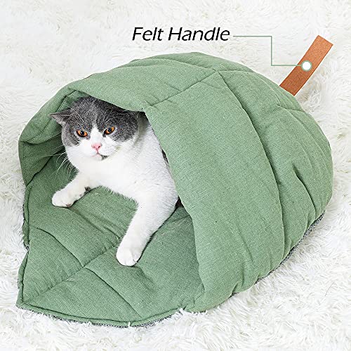 TANGN Cat Sleeping Bag , Linen Fabric Bed Cave Leaf Nest Pet Cuddle Zone Covered Hide Hood Burrowing Cozy Soft Durable Washable with Non-Slip Bottom for Indoor Puppy and Kitten (Green), PD50082