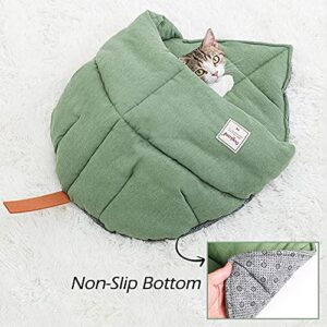 TANGN Cat Sleeping Bag , Linen Fabric Bed Cave Leaf Nest Pet Cuddle Zone Covered Hide Hood Burrowing Cozy Soft Durable Washable with Non-Slip Bottom for Indoor Puppy and Kitten (Green), PD50082