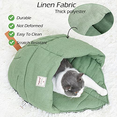 TANGN Cat Sleeping Bag , Linen Fabric Bed Cave Leaf Nest Pet Cuddle Zone Covered Hide Hood Burrowing Cozy Soft Durable Washable with Non-Slip Bottom for Indoor Puppy and Kitten (Green), PD50082