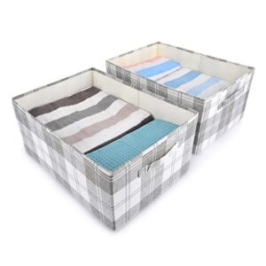 anminy 2pcs storage bins set foldable cotton linen open storage basket box with handles washable pp plastic board plaid pattern decorative nursery baby kid laundry organizer - light gray, extra large