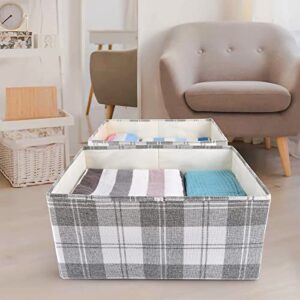 ANMINY 2PCS Storage Bins Set Foldable Cotton Linen Open Storage Basket Box with Handles Washable PP Plastic Board Plaid Pattern Decorative Nursery Baby Kid Laundry Organizer - Light Gray, Extra Large