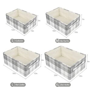 ANMINY 2PCS Storage Bins Set Foldable Cotton Linen Open Storage Basket Box with Handles Washable PP Plastic Board Plaid Pattern Decorative Nursery Baby Kid Laundry Organizer - Light Gray, Extra Large