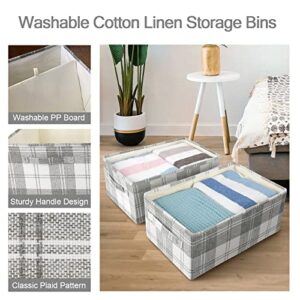 ANMINY 2PCS Storage Bins Set Foldable Cotton Linen Open Storage Basket Box with Handles Washable PP Plastic Board Plaid Pattern Decorative Nursery Baby Kid Laundry Organizer - Light Gray, Extra Large