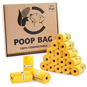 certified compostable dog poop bags, 270 count eco friendly and leakproof dog waste bags, easy open 100% maize yellow poop bag for dog, 15 doggy bags per roll (18 rolls)