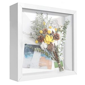 touyinger 8x8 shadow box frame display case with letter stickers, 3d picture frame, display case box for memorabilia, baby items, wedding memories, crafts, tickets and photos (white, 8x8)