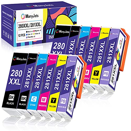 ManyJets PGI-280XXL CLI-281XXL Compatible Ink Cartridge Replacement for Canon 280 281 PGI-280 CLI-281 XXL Work with Canon PIXMA TS9520 TS9521C TR7520 TR8520 TS6320 TS702 TS9120 TS8120 TS8220 (12-Pack)