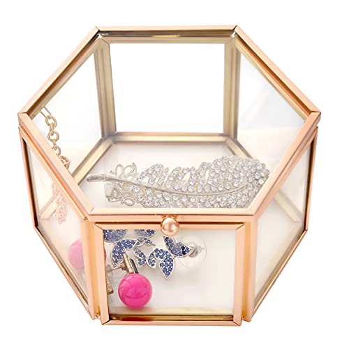 Funerom 4.1x2.5 inch Vintage Glass Jewelry Box Wedding Engagement Ring Dish DisplayTrinket Keepsake Box Hexagon Antique Gold