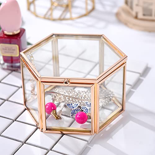 Funerom 4.1x2.5 inch Vintage Glass Jewelry Box Wedding Engagement Ring Dish DisplayTrinket Keepsake Box Hexagon Antique Gold