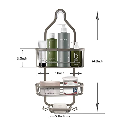 YUNWANG Bathroom Shower Caddy Over Shower Head，Stainless Steel Shower Caddy Hanging for Shampoo and Conditioner，Shower Rack with Hooks for Razors Towels，Sliver，24.8x11x3.9 Inch