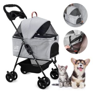 skisopgo dog cat pet gear 3-in-1 foldable pet stroller detachable carrier, car seat and stroller with push button entry for small pets (gray)