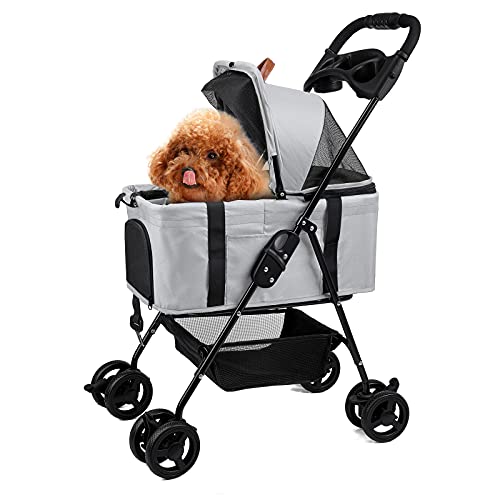 SKISOPGO Dog Cat Pet Gear 3-in-1 Foldable Pet Stroller Detachable Carrier, Car Seat and Stroller with Push Button Entry for Small Pets (Gray)