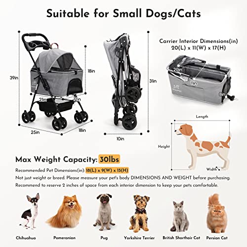 SKISOPGO Dog Cat Pet Gear 3-in-1 Foldable Pet Stroller Detachable Carrier, Car Seat and Stroller with Push Button Entry for Small Pets (Gray)