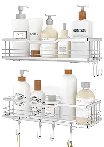 HBlife Shower Caddy Self Adhesive Shower Shelves with 8 Hooks, 2 PCS Shower Organizer Rustproof Stainless Steel Shower Caddy