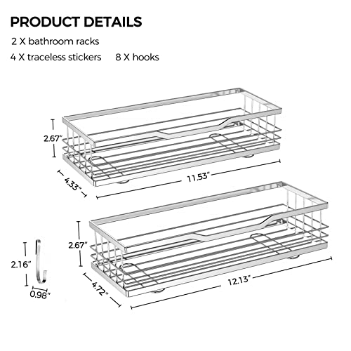 HBlife Shower Caddy Self Adhesive Shower Shelves with 8 Hooks, 2 PCS Shower Organizer Rustproof Stainless Steel Shower Caddy