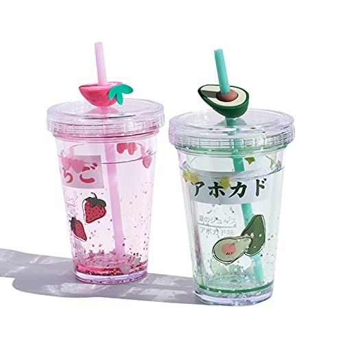 15oz Kawaiis Water Bottles with Straw Reusable Cups No Leak Water Bottle Cute Water Bottles Insulated Travel Tumbler Cup Women Girls Cute Water Bottle Gifts Home School Pink