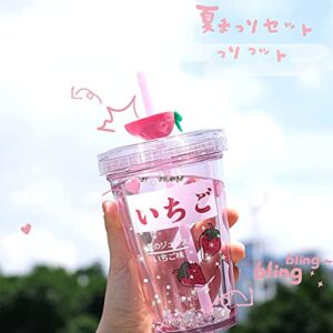 15oz Kawaiis Water Bottles with Straw Reusable Cups No Leak Water Bottle Cute Water Bottles Insulated Travel Tumbler Cup Women Girls Cute Water Bottle Gifts Home School Pink